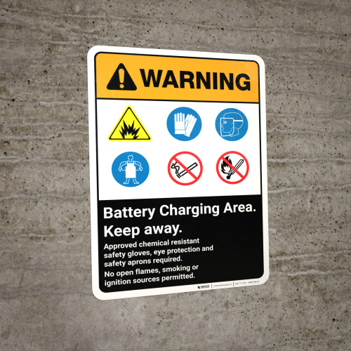 Warning: Battery Charging Area Keep Away with Icons Portrait ANSI ...