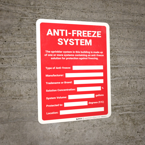 Anti Freeze System Sprinkler Identification Portrait - Wall Sign