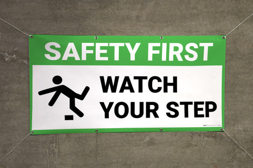 Safety First Watch Your Step Trip Icon Banner | Creative Safety Supply