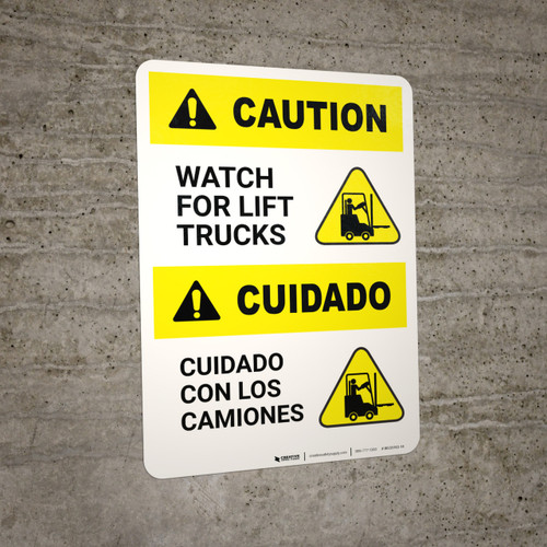 Caution: Lift Trucks Bilingual (Spanish) - Portrait Wall Sign ...