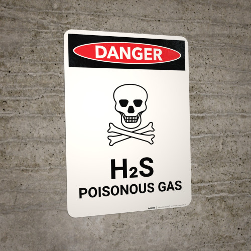 H2S Poisonous Gas (Hydrogen Sulfide) with Icon - Portrait Wall Sign