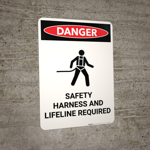 Safety Harness and Lifeline Required with Icon - Portrait Wall Sign
