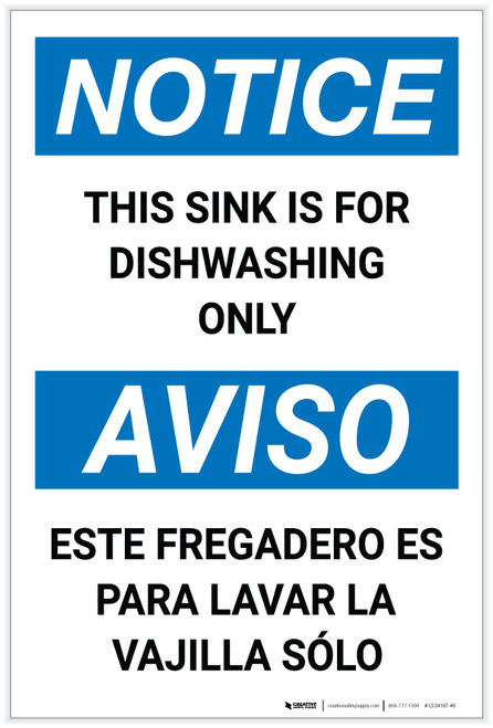 Notice: Sink Is For Dishwashing Only Bilingual Spanish Portrait - Label