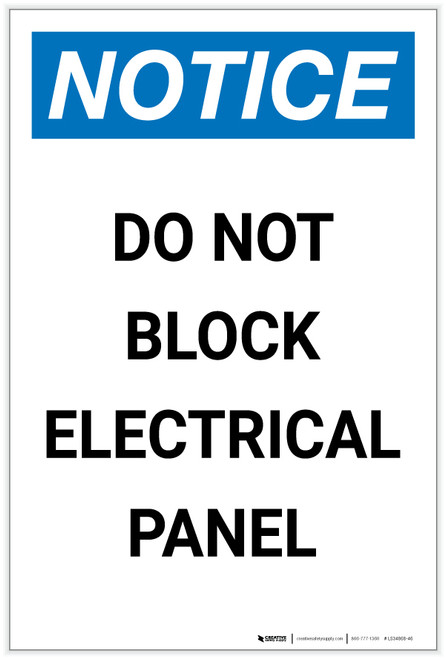 Notice: Do Not Block Electrical Panel Portrait - Label