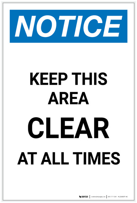 Notice: Keep Area Clear At All Times Portrait - Label