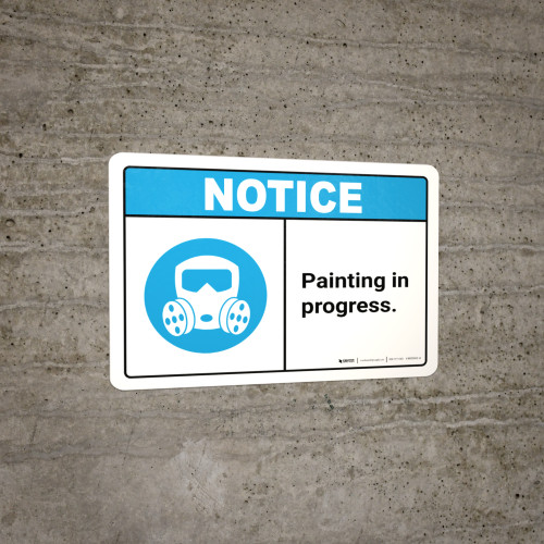 Notice: Painting in Progress with PPE Icon ANSI Landscape