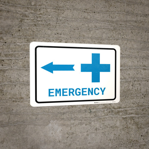 Emergency Left Arrow with First Aid Symbol Landscape v2 - Wall Sign