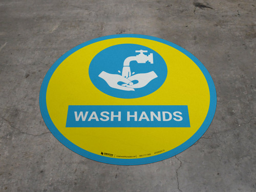 Wash Hands with Icon (Yellow-Blue) - Floor Sign | Creative Safety Supply