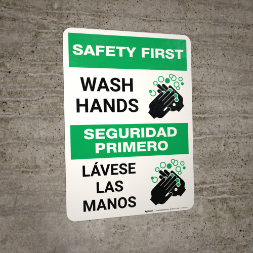 Safety First: Wash Hands Bilingual Spanish with Icon Portrait - Wall ...