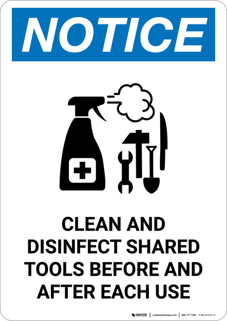 Notice: Clean And Disinfect Shared Tools with Icon Portrait - Wall Sign