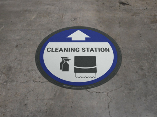 Cleaning Station Arrow With Icon Blue - Circular - Floor Sign