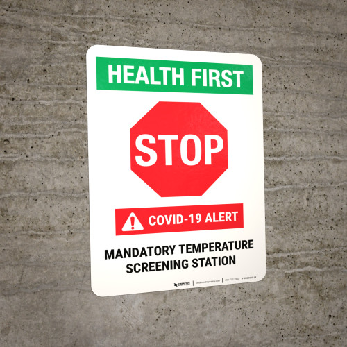 Health First: Stop - Mandatory Temp Screening Portrait - Wall Sign