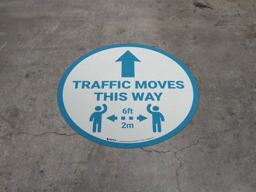 Traffic Moves This Way - Arrow with Icon Blue - Floor Sign