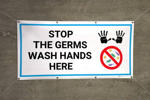 Stop The Germs Wash Hands Here with Icons - Banner