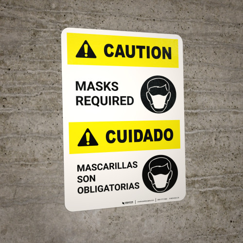 Caution: Masks Required Bilingual Spanish with Icon Portrait - Wall Sign