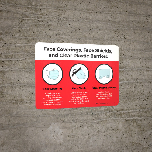 Face Coverings Face Shields and Clear Plastic Barriers with Icons Red ...