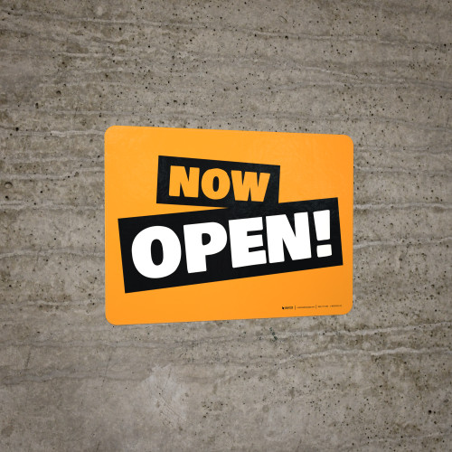 Now Open! Orange/Black/White Landscape - Wall Sign | Creative Safety Supply