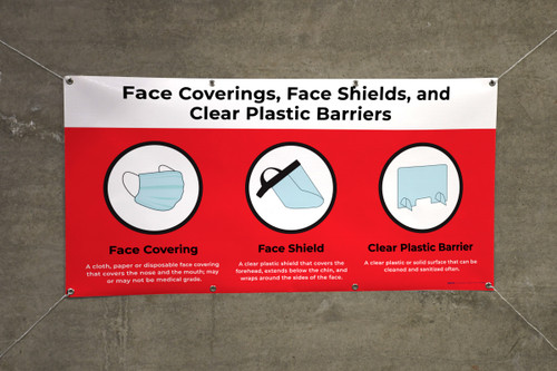 Face Coverings Face Shields And Clear Plastic Barriers with Icons Red ...