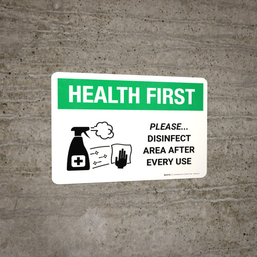 Health First: Please Disinfect Area with Icon Landscape - Wall Sign