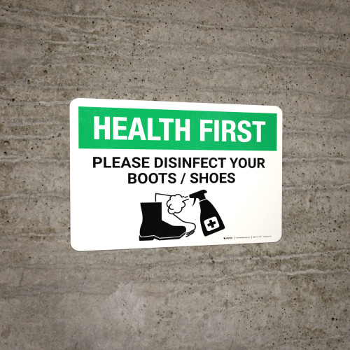 Health First: Please Disinfect Boots/Shoes with Icon Landscape - Wall Sign