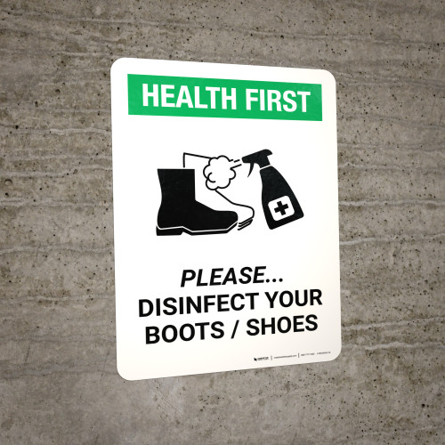 Health First: Please Disinfect Boots/Shoes with Icon Portrait - Wall Sign