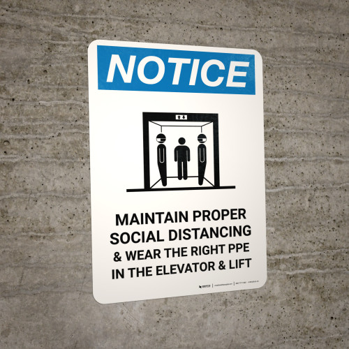 Notice: Social Distancing & PPE In Elevator with Icon Portrait - Wall Sign