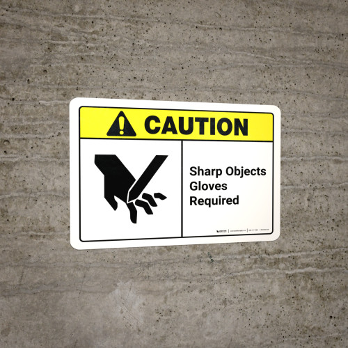 Caution: Sharp Objects Gloves Required with Icon ANSI Landscape - Wall Sign