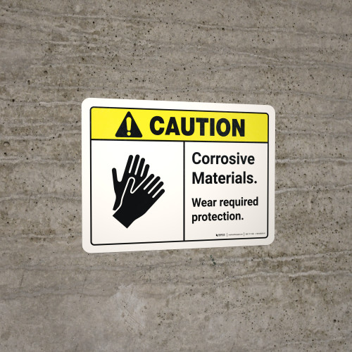 Caution: Corrosive Materials Wear Protection White with Icon Landscape ...