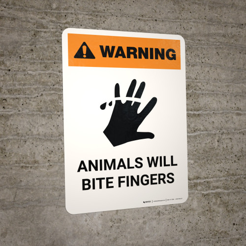 Warning: Animals Will Bite Fingers White with Icon Portrait - Wall Sign