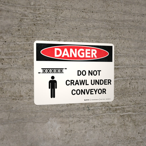 Danger: Do Not Crawl Under Conveyor Landscape with Icon - Wall Sign ...