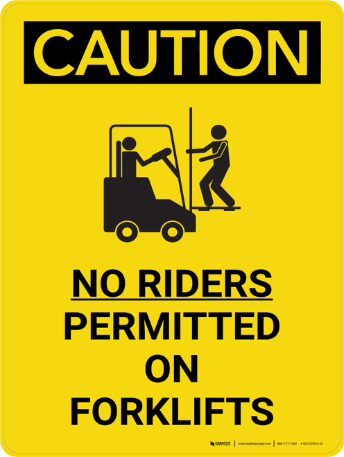 Caution: No Riders Permitted on Forklifts Portrait With Icon - Wall Sign