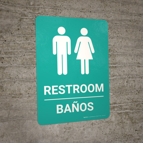 Restroom Bilingual Spanish Green with Icon - Wall Sign
