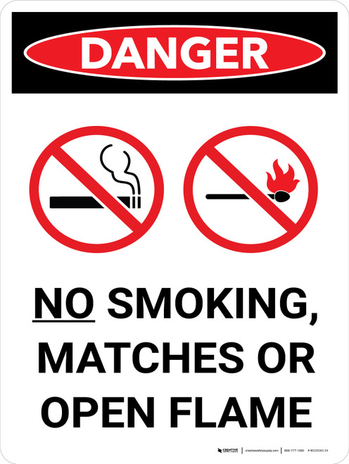 Danger: No Smoking Matches or Open Flame Portrait with Graphic - Wall Sign