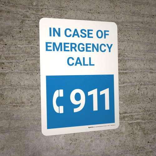 In Case Of Emergency Call 911 Blue Portrait with Graphic - Wall Sign ...