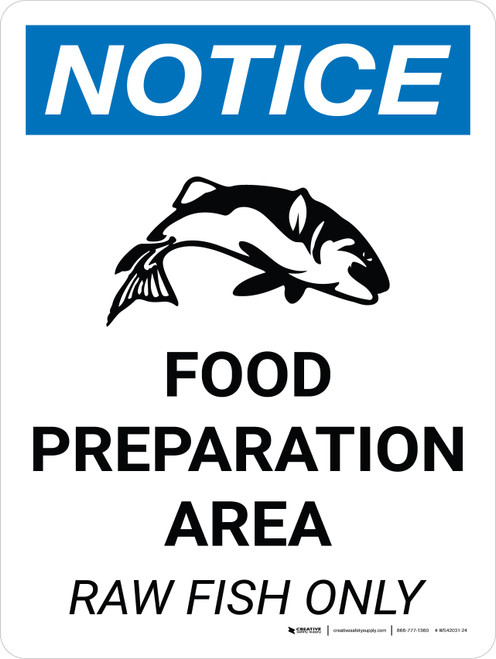 Notice: Food Prep Area - Raw Fish Only Portrait with Icon - Wall Sign