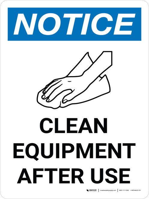 Notice: Clean Equipment After Use Portrait with Icon - Wall Sign