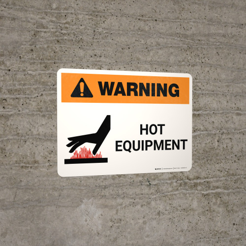 Warning: Hot Equipment Landscape White With Icon - Wall Sign