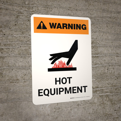 Warning: Hot Equipment Portrait White With Icon - Wall Sign