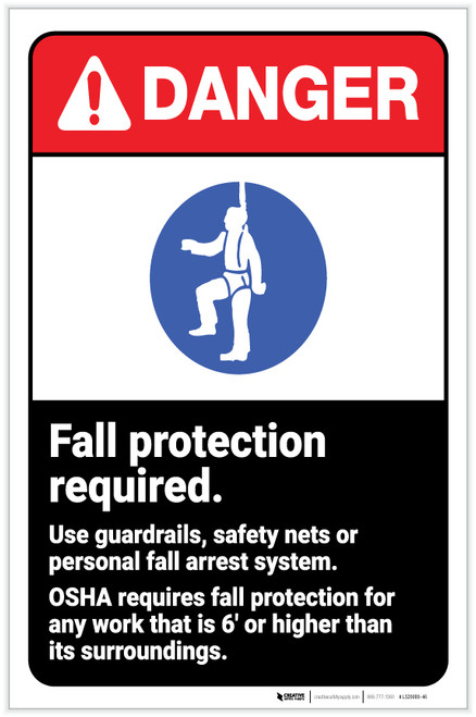 Danger: Fall Protection Required ANSI with Icon Portrait - Label