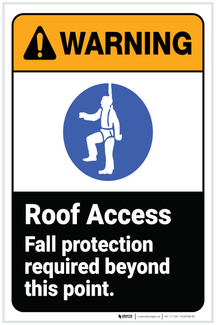 Warning: Roof Access Fall Protection Required ANSI Portrait - Label