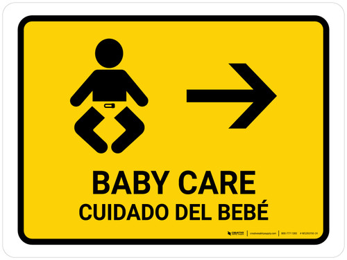 Baby Care With Right Arrow Yellow Bilingual Spanish Landscape - Wall Sign