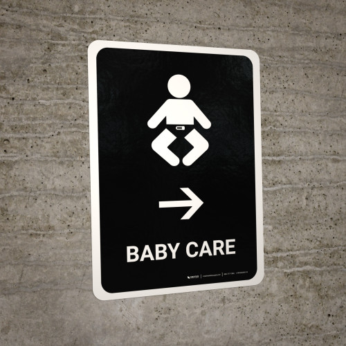 Baby Care With Right Arrow Black Portrait - Wall Sign
