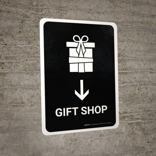Gift Shop With Down Arrow Black Portrait - Wall Sign