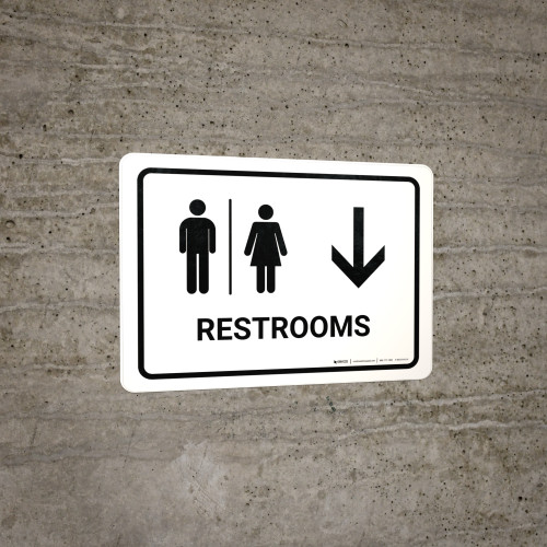 Restrooms With Down Arrow White Landscape - Wall Sign | Creative Safety ...