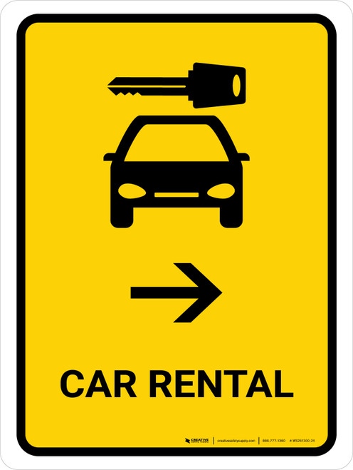 Car Rental With Right Arrow Yellow Portrait - Wall Sign
