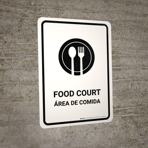Food Court White Bilingual Spanish Portrait - Wall Sign