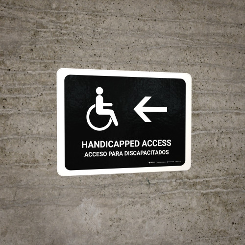Handicapped Access With Left Arrow Black Bilingual Landscape - Wall Sign