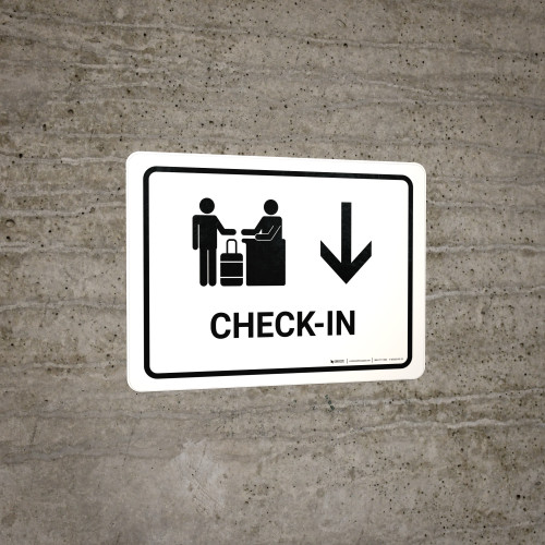 Check In With Down Arrow White Landscape - Wall Sign | Creative Safety ...