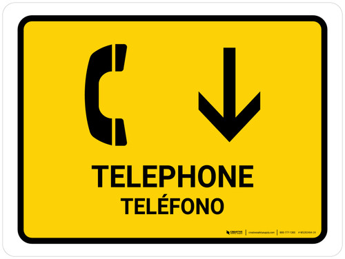 Telephone With Down Arrow Yellow Bilingual Spanish Landscape - Wall Sign