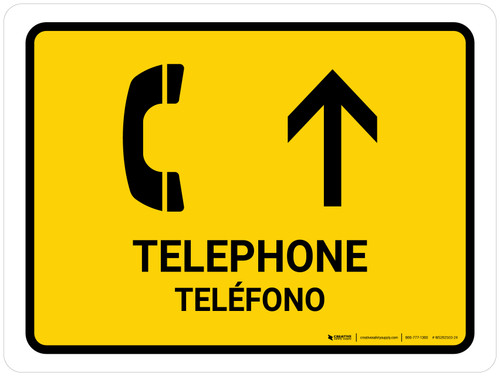 Telephone With Up Arrow Yellow Bilingual Spanish Landscape - Wall Sign